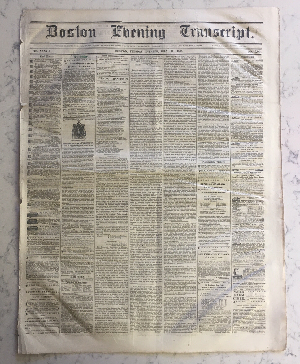ANTIQUE CIVIL WAR NEWSPAPER BOSTON EVENING TRANSCRIPT JULY 11, 1865 END ...