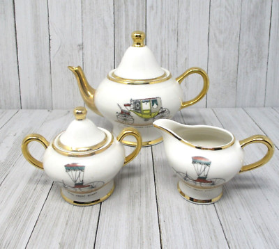 Kingwood China Co U.S.A Teapot Creamer Sugar Bowl Buggy Carriage Design ...