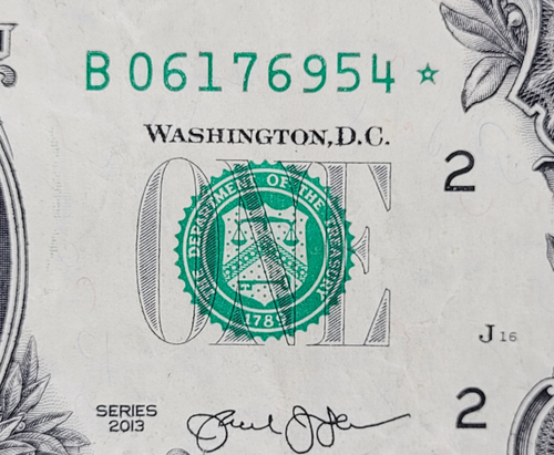 2013 $1 Dollar Star Note Duplicate Serial Number B06176954* Wash B ...