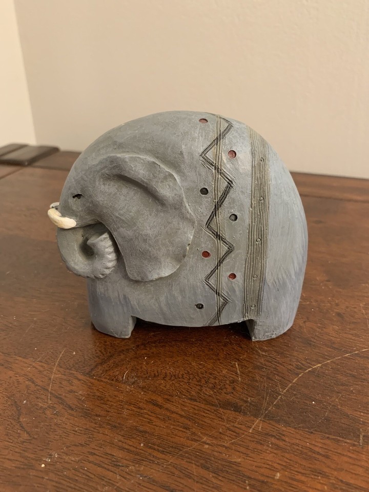 Wood-Look Carved Gray/Blue Elephant Stylized Abstract Design Trunk Down ...