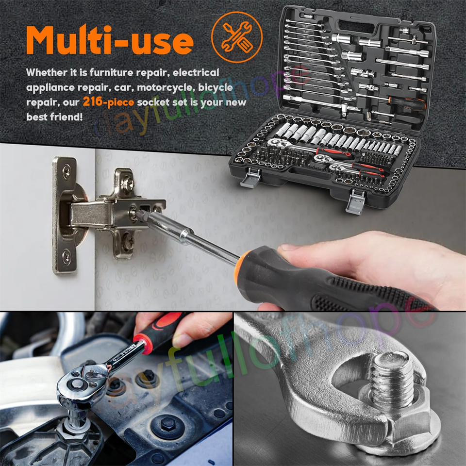 Professional 216PCS Ratchet Spanner Socket Set 1/2" 1/4 3/8 Car Repair ...