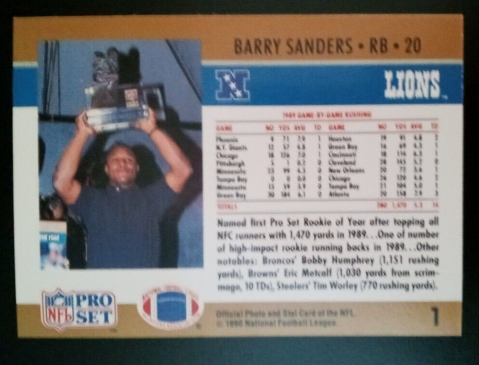 Barry Sanders Pro Set "1989 Rookie of the year" 1990 no. 1. HGC!!!!! | eBay