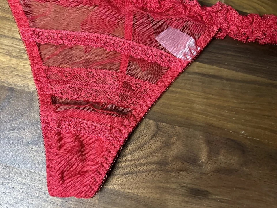 VINTAGE ALL NYLON & LACE RED RUFFLE STRING BIKINI Thong Panties VS Sz ...