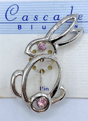 D5-1453 VINTAGE BROOCH SILVER PIN 1.75" EASTER BUNNY PINK RHINESTONE | eBay
