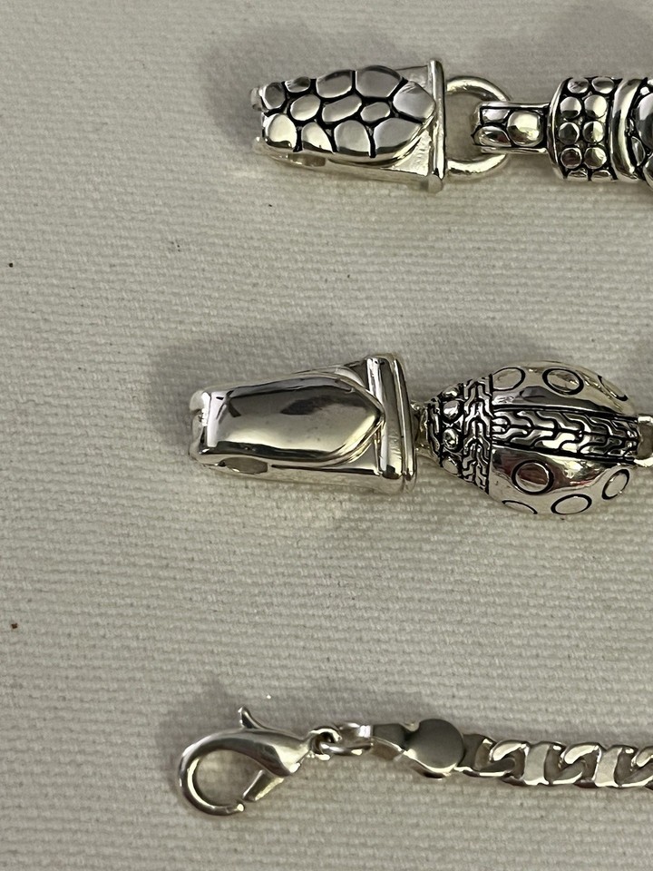 Lot of 3 Shiny Silver Tone Bracelets 7.5-7.75” Lady Bug Cuban Link More ...