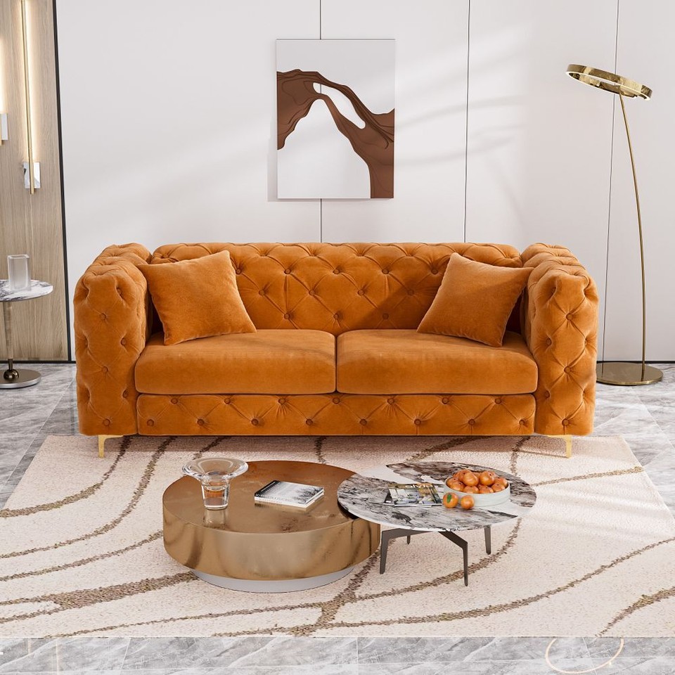 Modern Tufted Velvet Upholstered Couch Velour Casual Big Comfy Sofa w ...