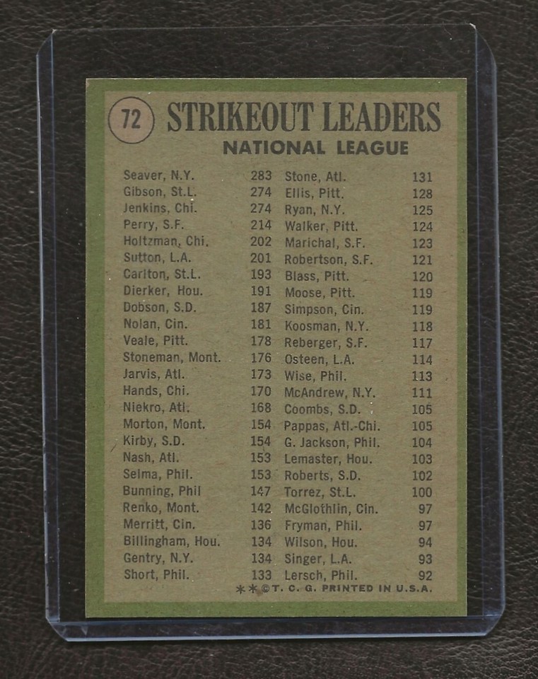 1971 Topps Baseball #72 NL Strikeout Leaders, Seaver, Gibson, Jenkins ...