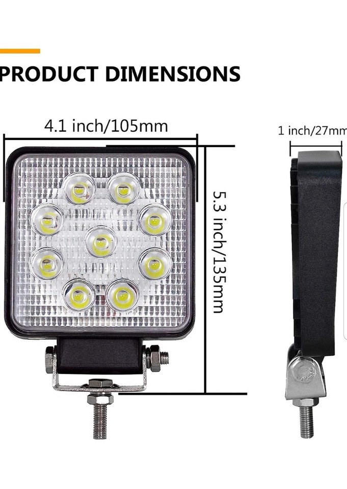 RIGIDON 10 Pcs Square Led Work Light , 4 inch 27W Flood Beam, 12V 24V ...