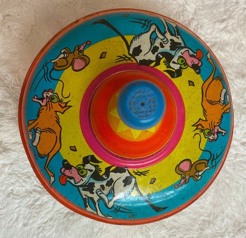 Vintage Ohio Art Metal Spinning Top Toy Dog Chasing Cat Chasing Mouse ...