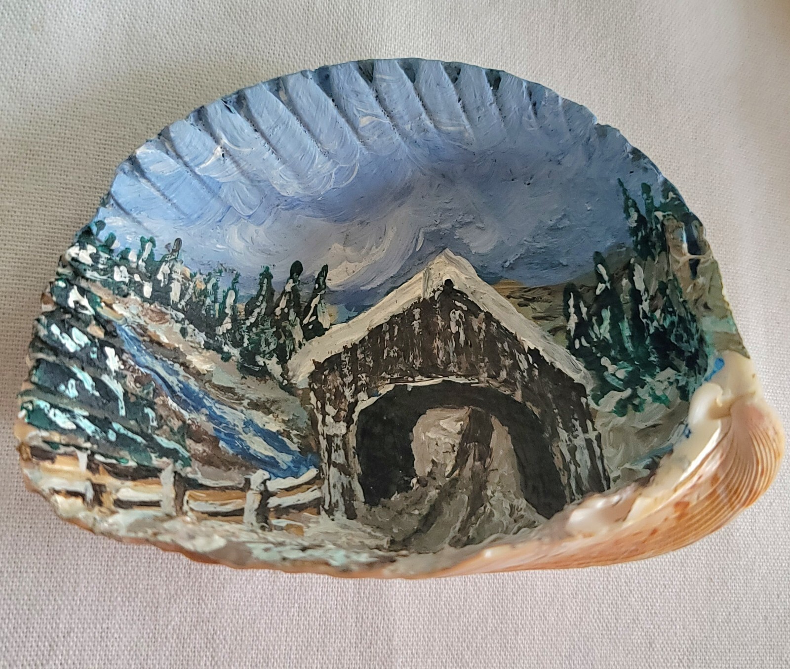 Hand Painted Sea Shell•Winter Scene•EUC•Scallop•Clam•Snow•Bridge ...