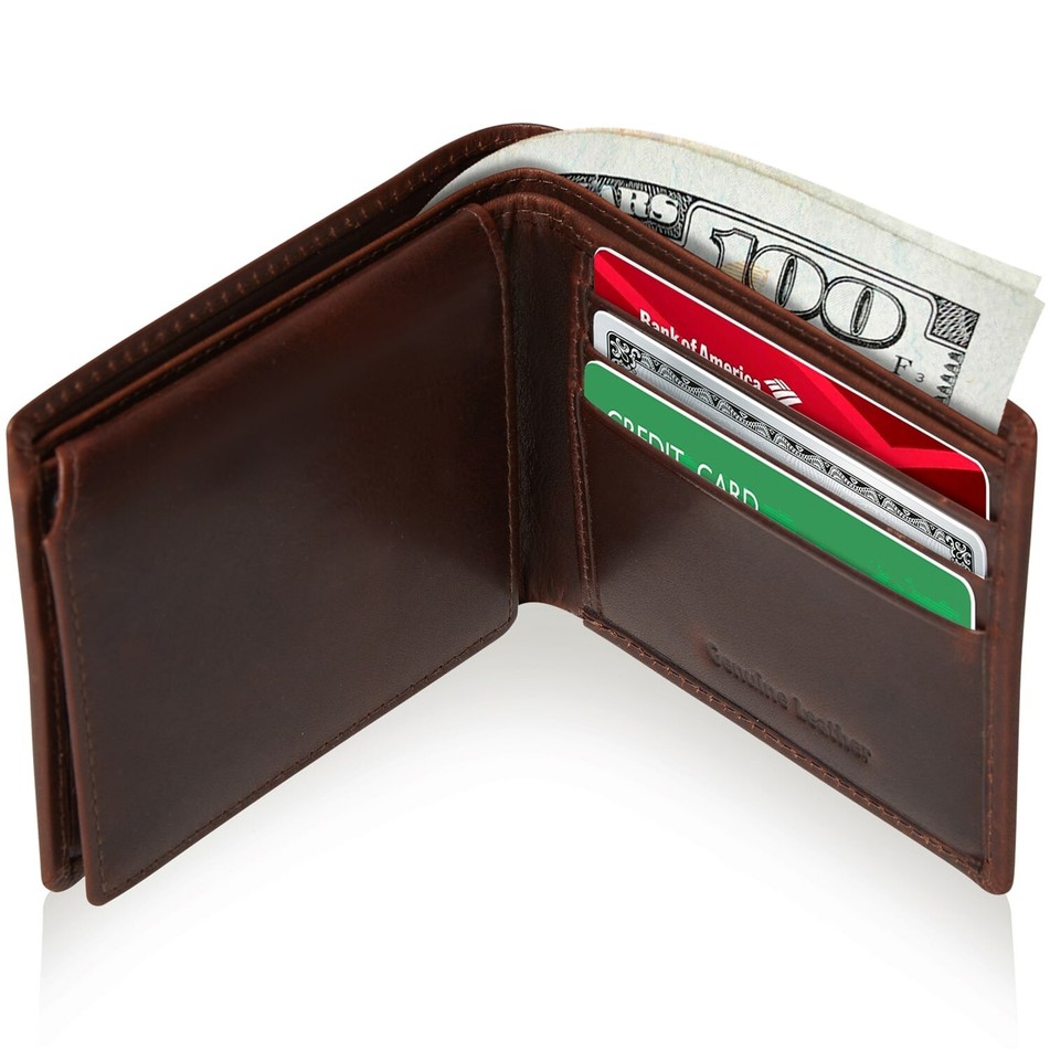 Genuine Leather Mens Wallets Bifold W/ Flip-UP Card Holder For Men RFID ...
