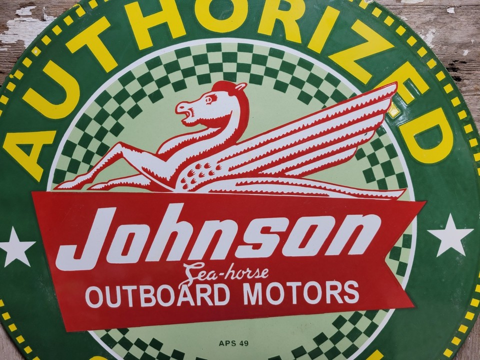 VINTAGE JOHNSON PORCELAIN SIGN OLD 30" SEA-HORSE OUTBOARD GAS BOAT ...