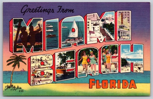 Postcard Greetings from Miami Beach Florida large letter linen purple ...