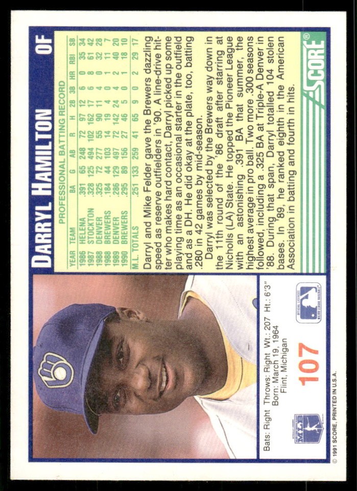 1991 Score #107 Darryl Hamilton | eBay