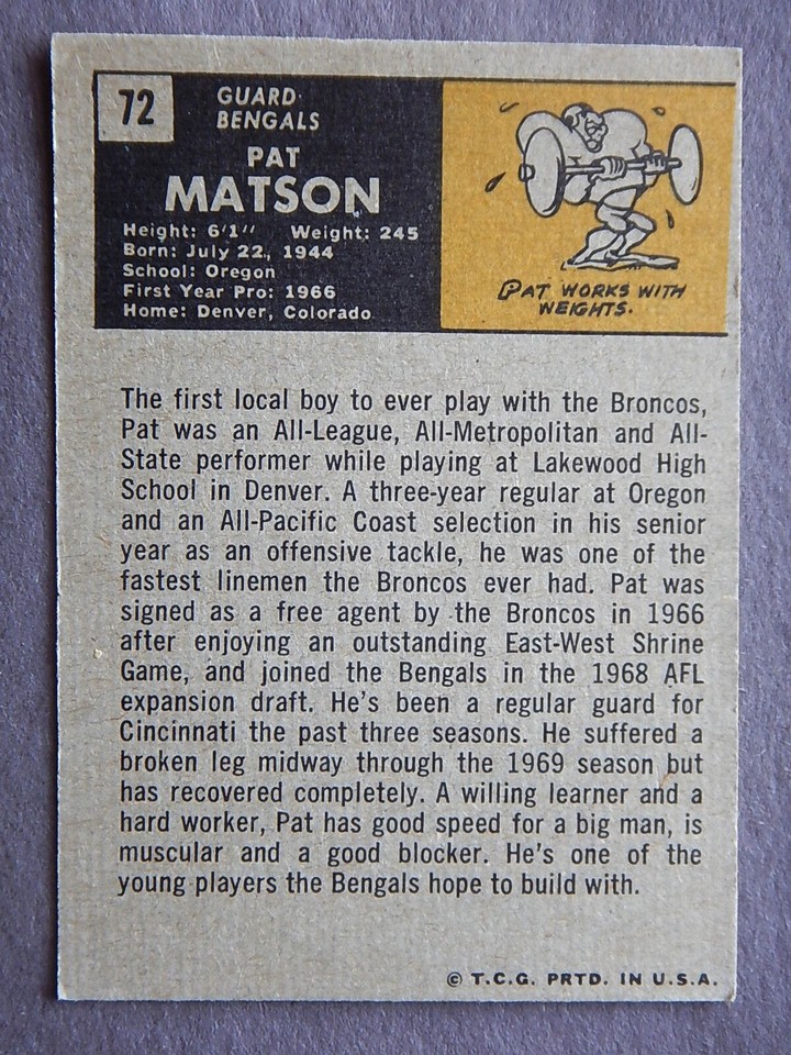 Pat Matson #72 Topps 1971 Football Card (Cincinnati Bengals) VG | eBay