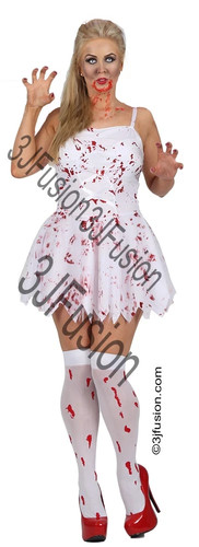 Adult Ladies Zombie Bloody Bride + Veil Halloween Fancy Dress Costume ...