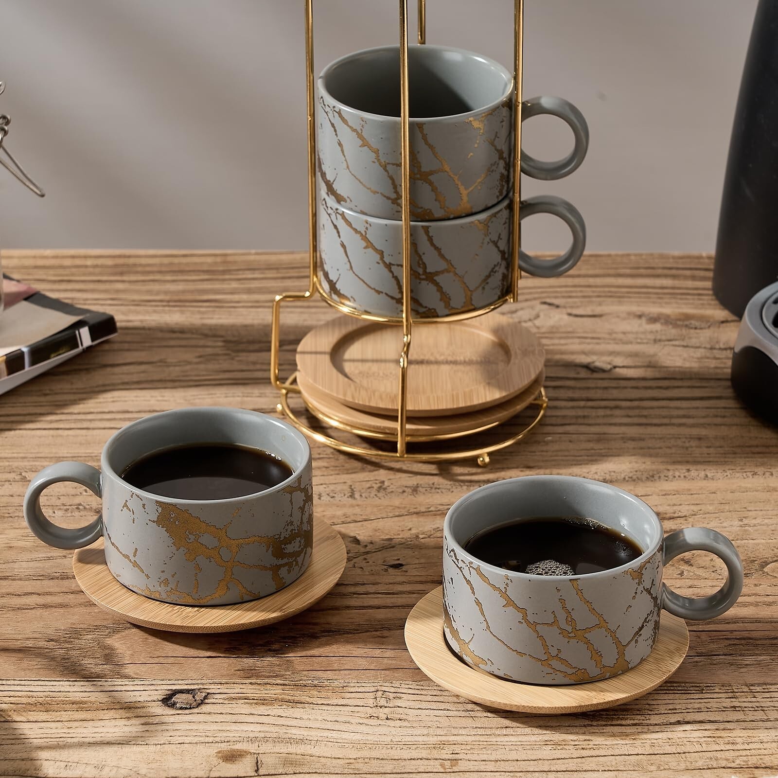 LUKA 6 Ounce Porcelain Stackable Espresso Cups with Saucers and Metal ...