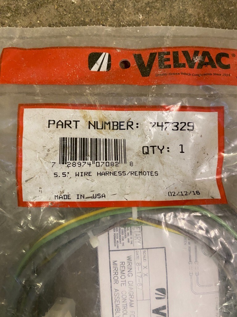 OEM VELVAC MIRROR P.N. 747329 5.5' REMOTE WIRE HARNESS RV, MOTOR HOME ...