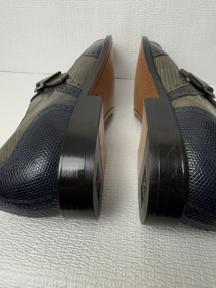 Belvedere Lizard Monk Strap Shoes Slip on Two Tones Black, Olive Men's ...