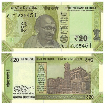 India 20 Rupees (2023) - Gandhi/Ashoka Pillar/Ellora Caves/p-110e1 ...