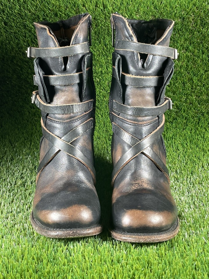 🔥Freebird Baker Boots Black Brown Stacked Heel Leather Strappy | Sz 8 ...