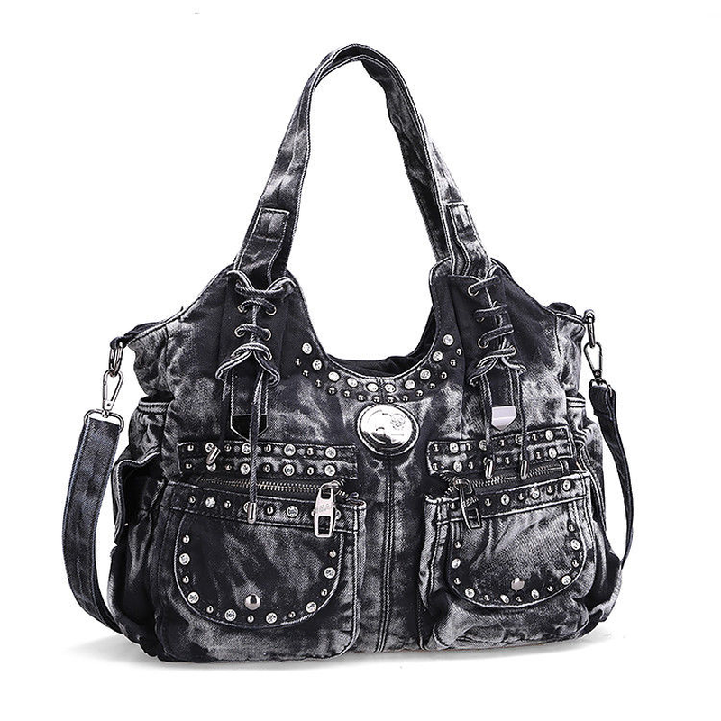 Ladies Punk Rock Travel Denim Rivet Shoulder Handbag Messenger Denim ...