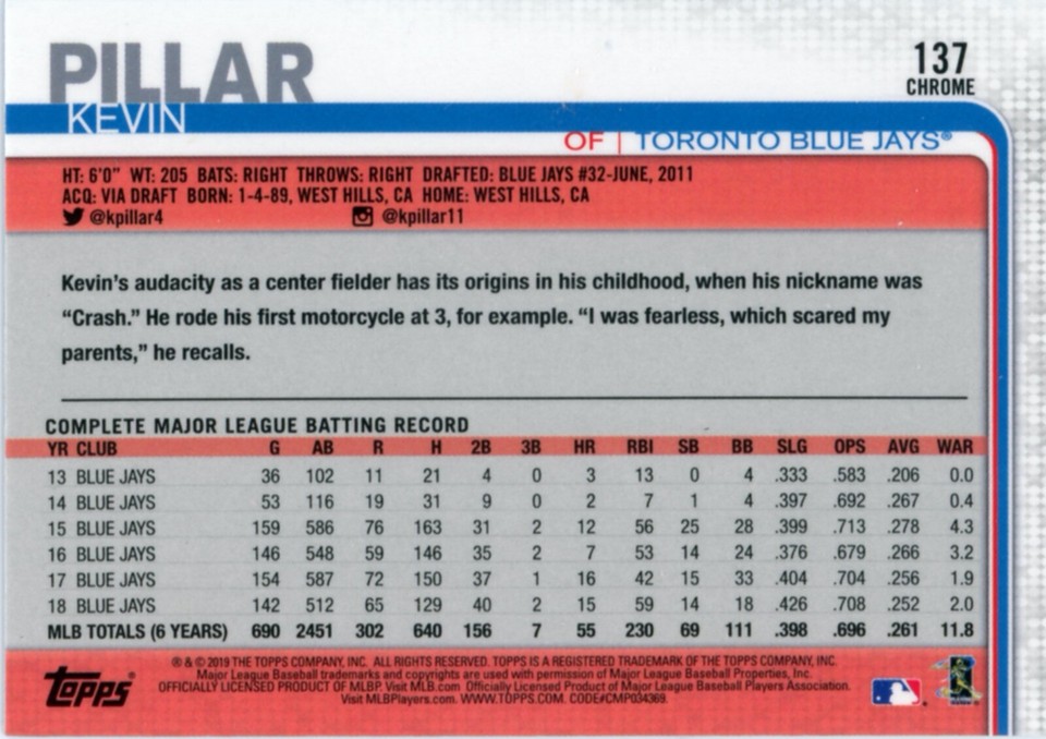 2019 Topps Chrome Baseball Kevin Pillar Toronto Blue Jays #137 MLB TOR ...