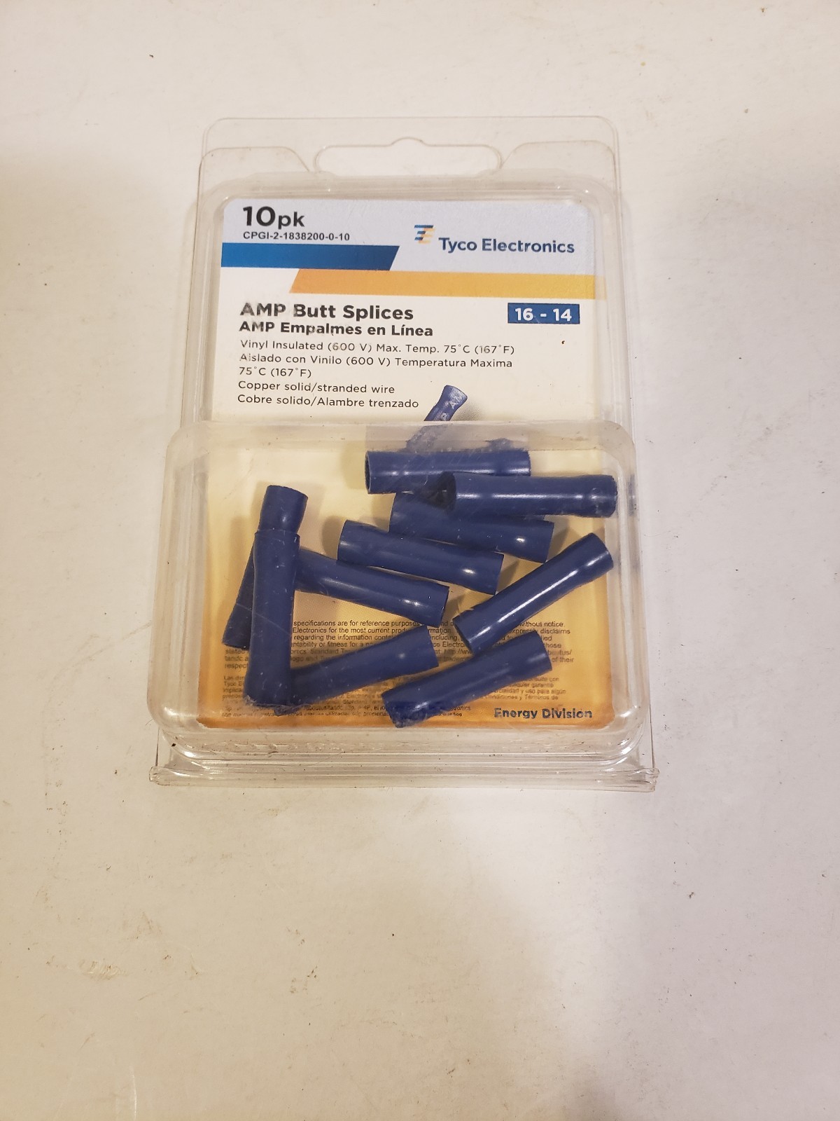 Tyco Electronics SELECT Butt Splices Vinyl 16-14 AWG 10/Clam Electrical ...