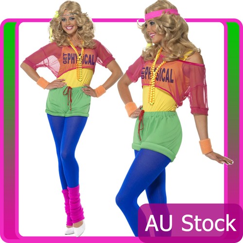 Ladies 80s Olivia Newton John Physical Girl Costume Neon 1980s Sports ...