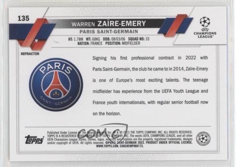 2022 Chrome UEFA Club Competitions Refractor Warren Zaire-Emery Zaïre ...