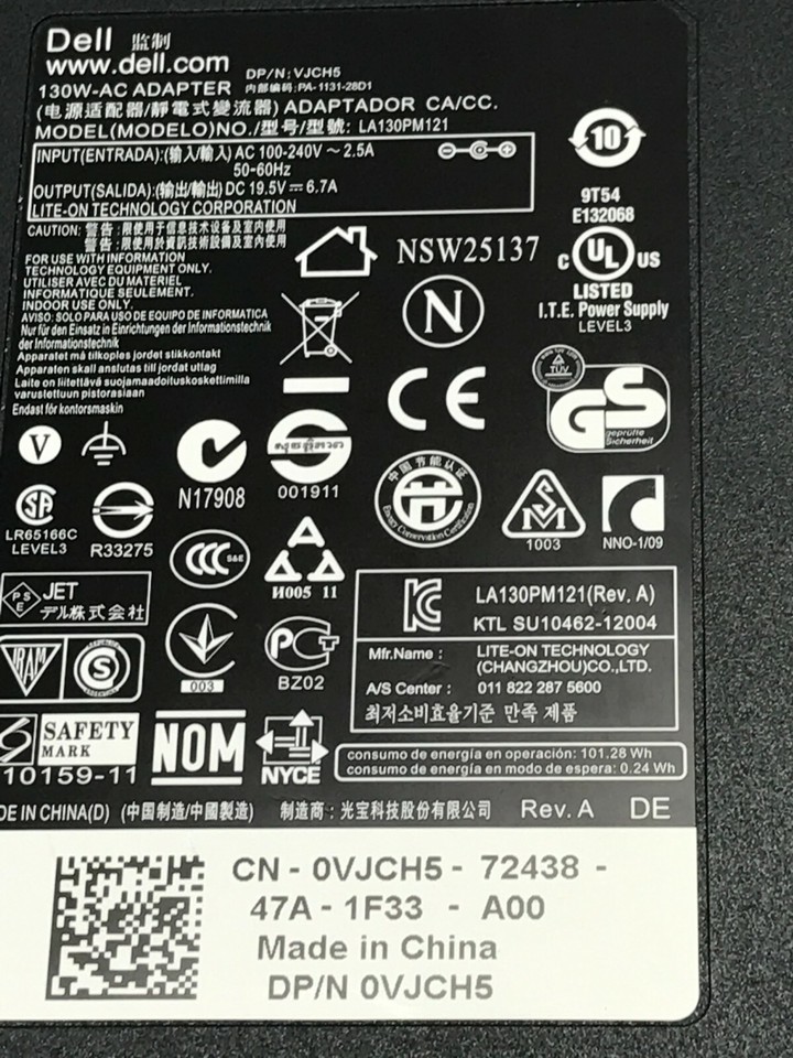 Lot of 5 DELL 130W 19.5V 6.7a adapter Charger laptop 6g99n p7kj5 ju012 ...