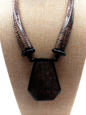 Vintage Tribal Snakeskin Wood Bead Necklace Handmade Ethnic Hook Clasp ...