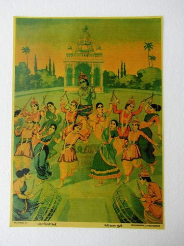 Vintage Krishna Rasa Lila Dance Oleograph Raja Ravi Varma Lithograph ...