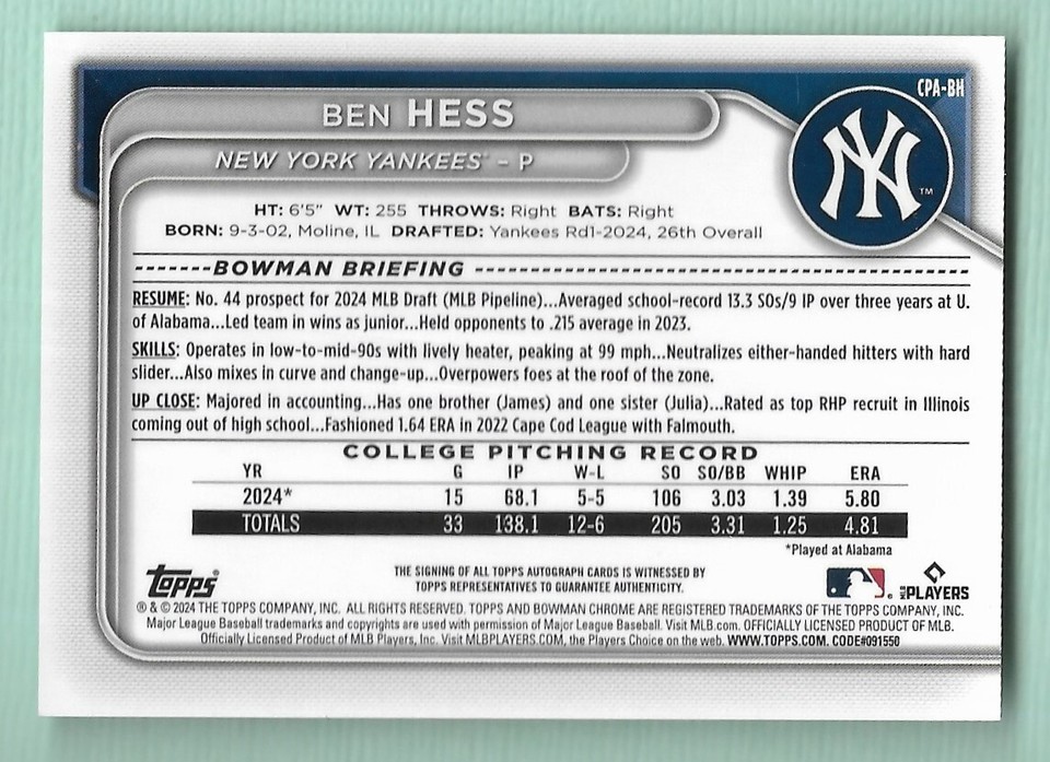 BEN HESS 2024 TOPPS BOWMAN CHROME 1ST TEAL SP AUTOGRAPH AUTO # 185/199 ...