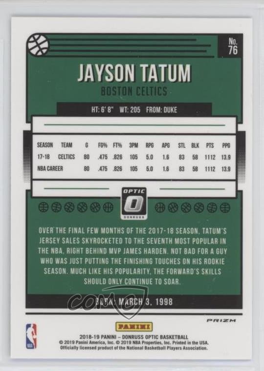 2018-19 Panini Donruss Optic Holo Prizm Jayson Tatum #76 0g27 | eBay