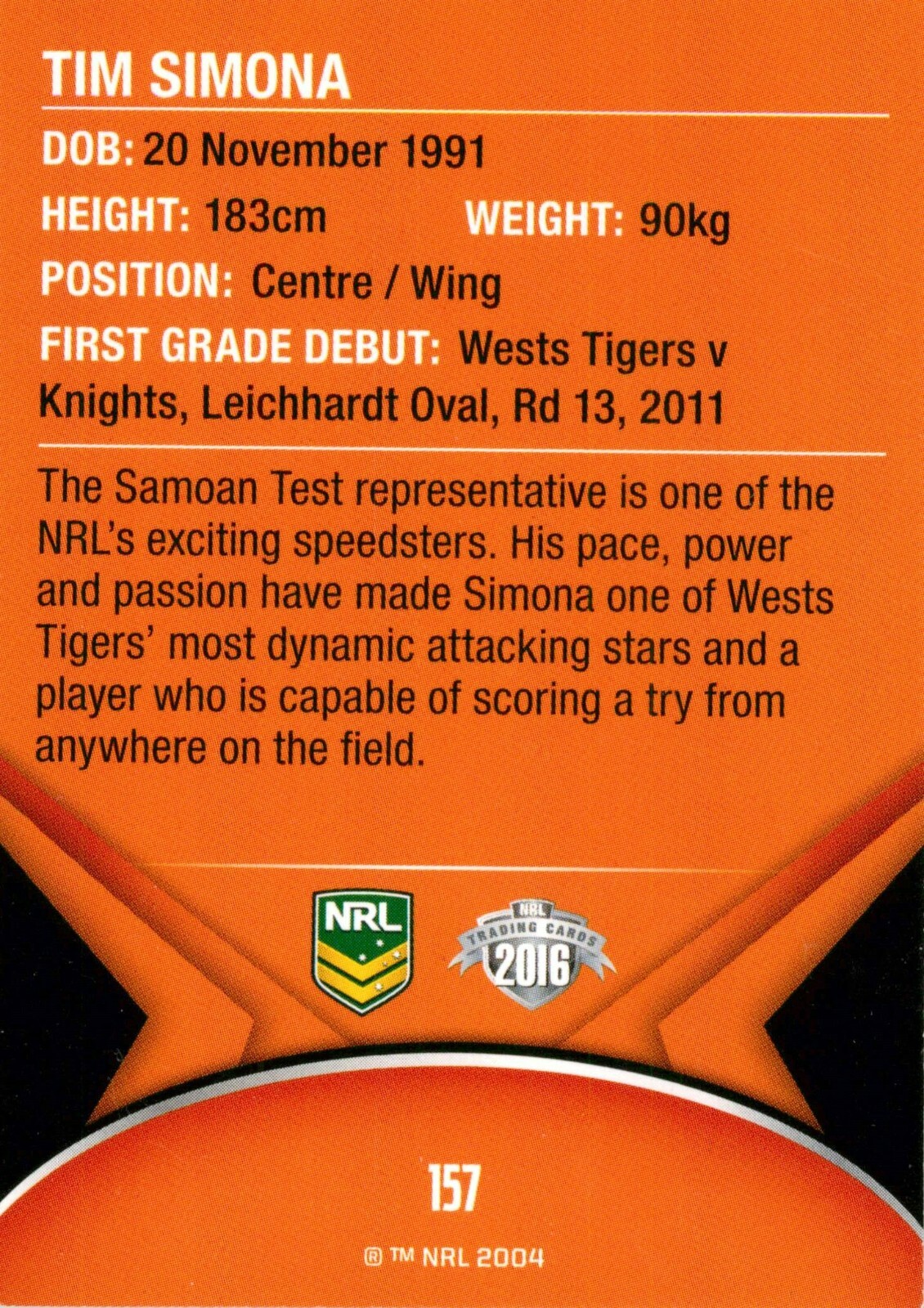 New 2016 WESTS TIGERS NRL Card TIM SIMONA | eBay