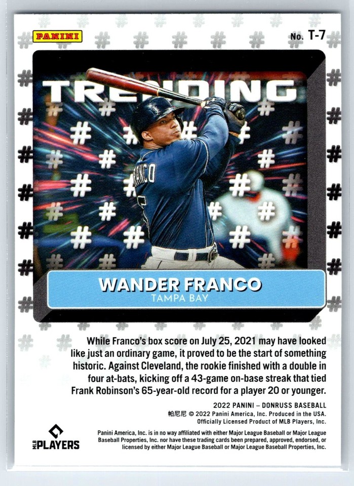 2022 Donruss Wander Franco Trending Diamond Insert Tampa Bay Rays #T-7 ...
