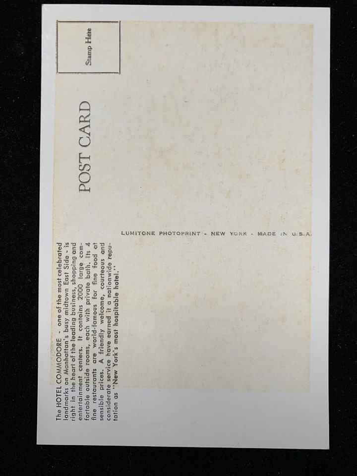 New York City Hotel Commodore (Grand Hyatt) Lumitone Postcard | eBay