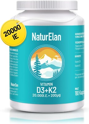 Vitamin D3 20000 I.E + K2 MK7 200 mcg Hochdosiert - 180 Vegane Kapseln ...