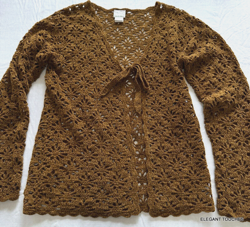 Moda International Womens Cardigan Sweater S Crochet Brown Open Front ...