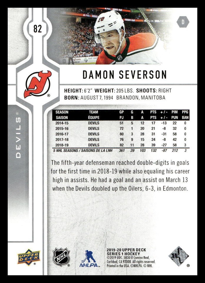 2019 Upper Deck #82 Damon Severson New Jersey Devils | eBay