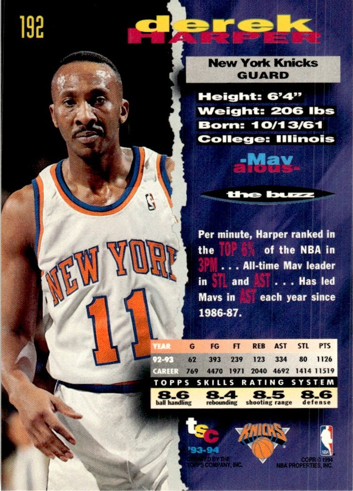1993-94 Stadium Club Basketball Card Derek Harper New York Knicks #192 ...