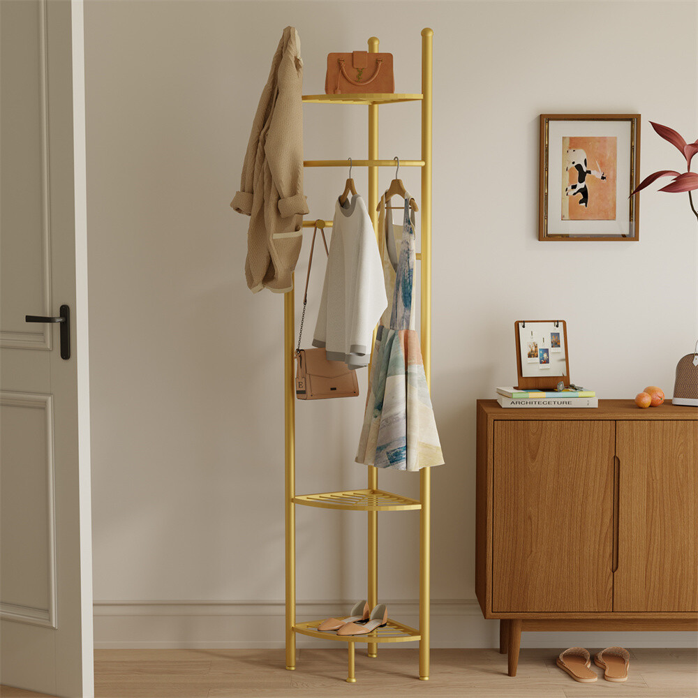 Heavy Duty Gold Hat Coat Rack Clothes Hanger Corner Hall Tree Stand ...