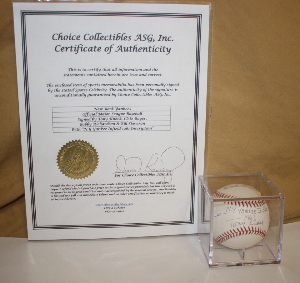 1961 Yankee Infield Signed ROML Baseball Boyer/Kubek/Richardson/Skowron ...