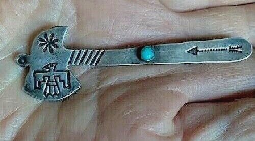 VINTAGE 1950S NATIVE AMERICAN STERLING SILVER & TURQUOISE TOMAHAWK PIN ...