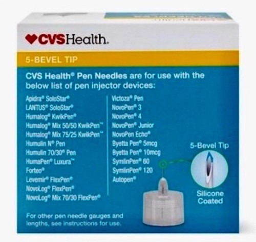100 CVS HEALTH INSULIN PEN TIPS 32G 4MM 5/32” (2) 50CT BOX EXP 03/31 ...