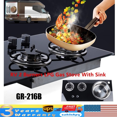 2 Burner LPG Gas Stove Hob Sink Combo Caravan RV Camper Tempered Glass ...