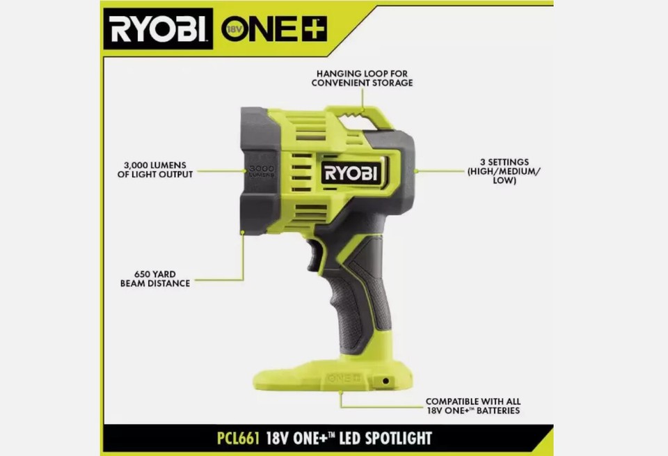 Ryobi PCL661B ONE+ 18V Cordless LED Spotlight Up To 3000 Lumens (Tool ...