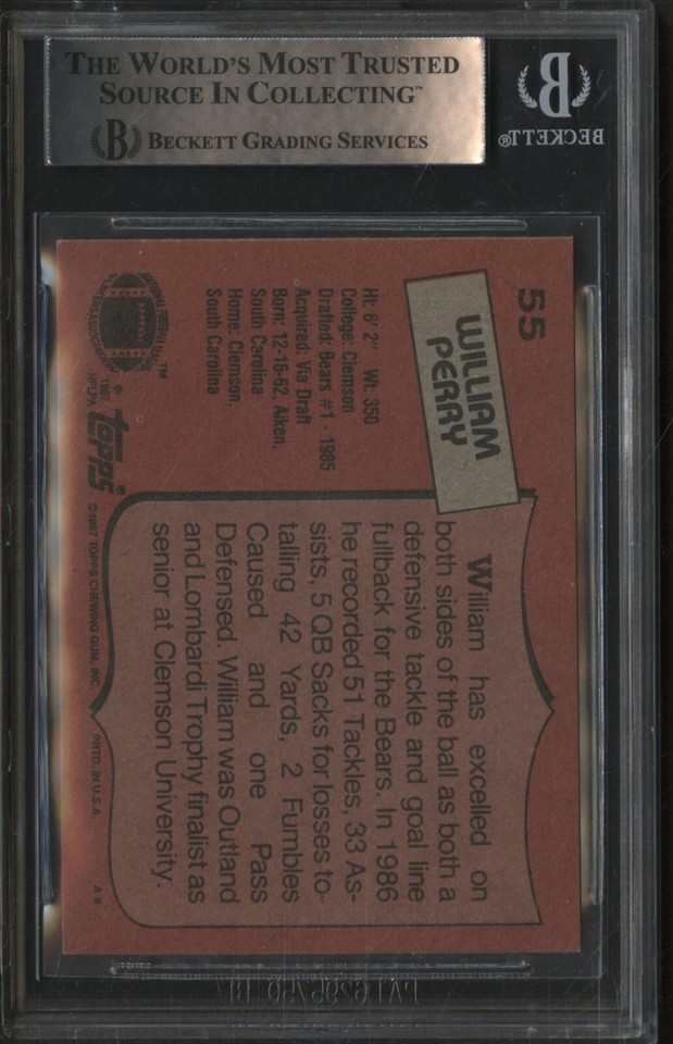 William Perry The Fridge 1987 Topps Card Chicago Bears BAS BGS BECKETT ...