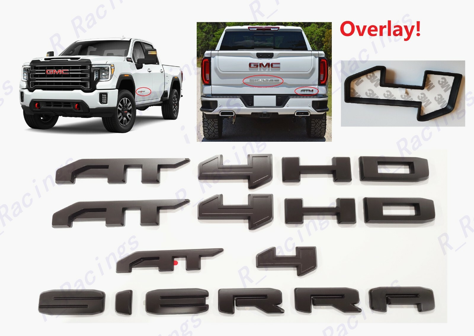 Overlay Emblem Door Rear Matte Black AT4 HD Sierra GMC Sierra 1500 ...